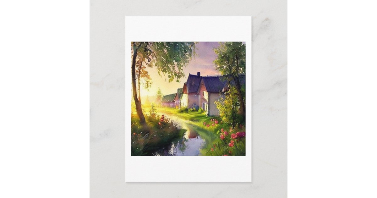 little village by a stream postcard | Zazzle