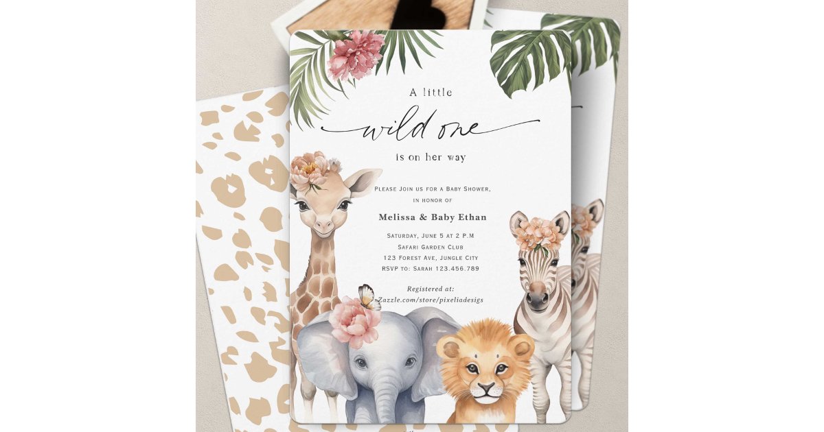 Little Wild One Safari Baby Animals Baby Girl Show Invitation | Zazzle