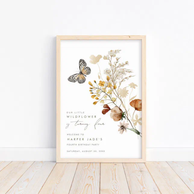 Little Wildflower Butterfly Floral Girls Birthday Poster | Zazzle