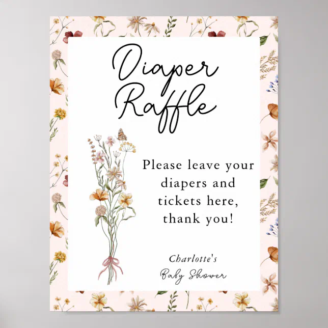 Little Wildflower Pink Baby Shower Diaper Raffle Poster | Zazzle