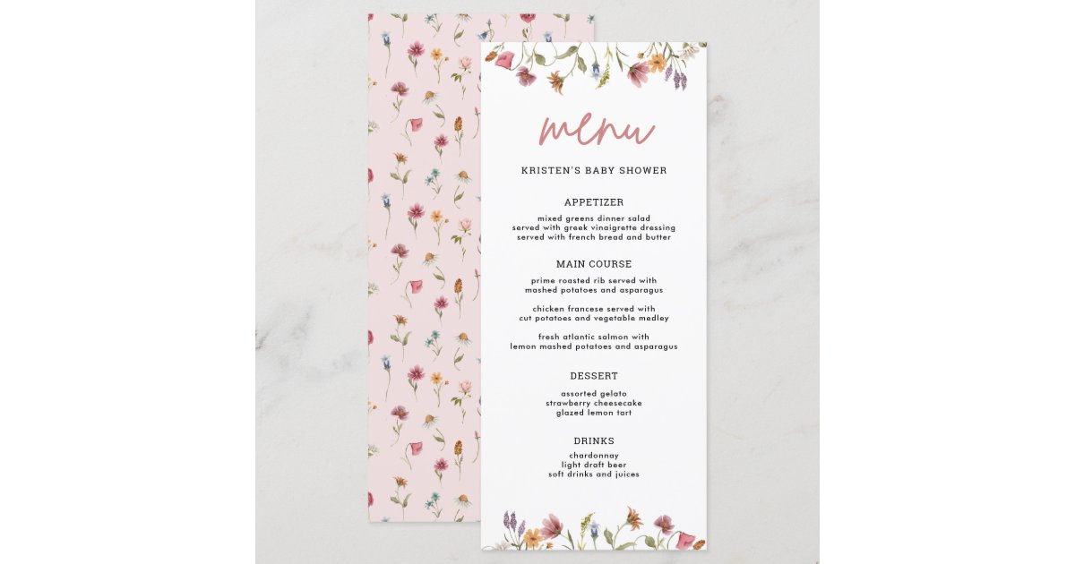 Little Wildflower Spring Girl Baby Shower Menu | Zazzle