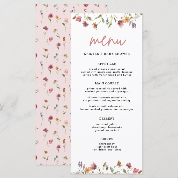 Little Wildflower Spring Girl Baby Shower Menu | Zazzle