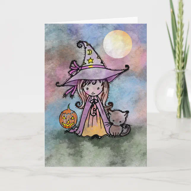 Little Witch and Cat Halloween Card | Zazzle