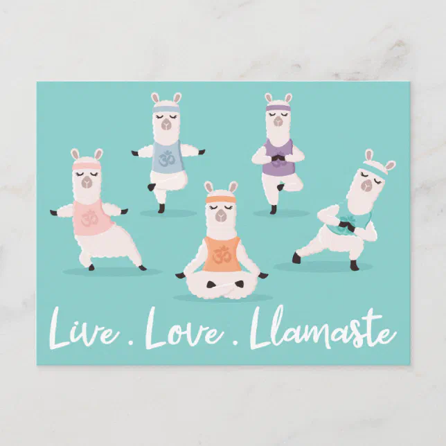 Live Love Llamaste | Fun Yoga Llama Characters Postcard | Zazzle