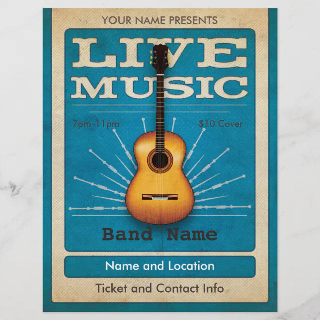 Live Music Acoustic Guitar Flyer Blue | Zazzle