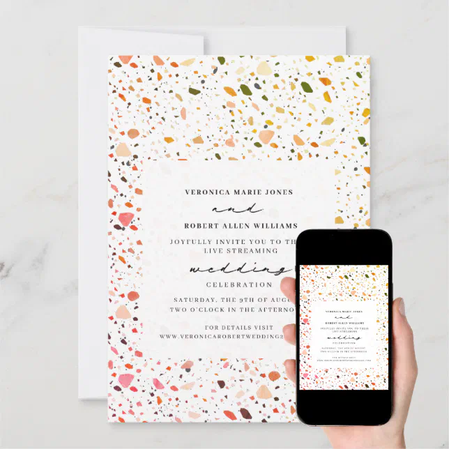 Live Stream Virtual Wedding Desert Terrazzo Invitation | Zazzle