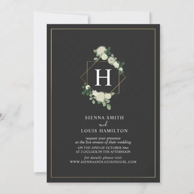 Live Stream Virtual Wedding Gray Floral Monogram Invitation | Zazzle