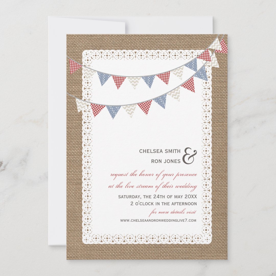 Live Stream Virtual Wedding Lace Bunting Burlap Invitation | Zazzle