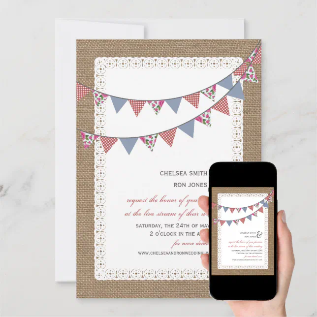 Live Stream Virtual Wedding Lace Burlap Bunting Invitation | Zazzle