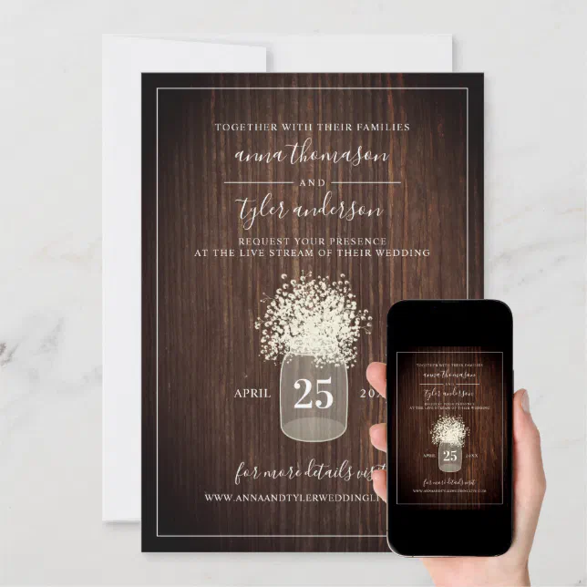 Live Stream Virtual Wedding Rustic Mason Jar Wood Invitation | Zazzle