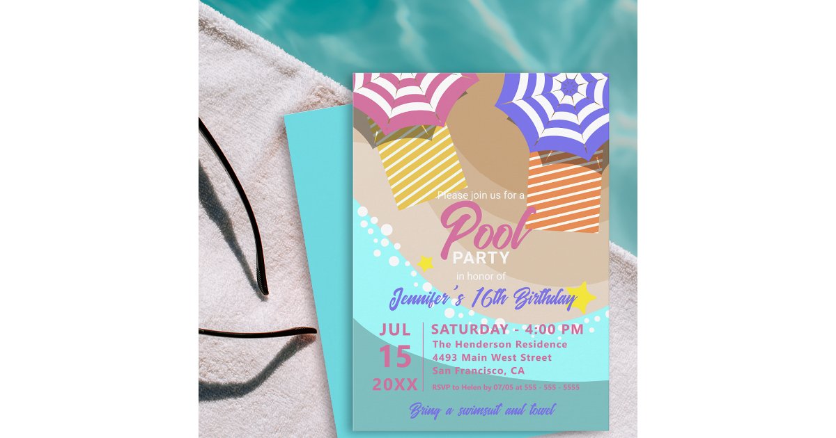 Lively Summer 16th Birthday Pool Party Invitation | Zazzle