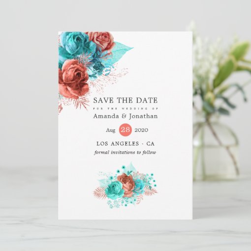 Living Coral and Turquoise Floral Wedding Save The Date | Zazzle
