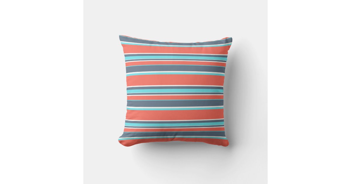 Living coral, blue and grey stripes throw pillow | Zazzle