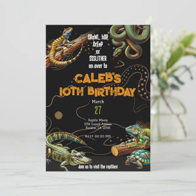 Lizard Snake Turtle Reptile Dark Birthday Party Invitation | Zazzle