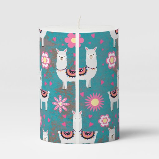 Llama (Alpaca) Floral and Turquoise Grunge Pillar Candle | Zazzle