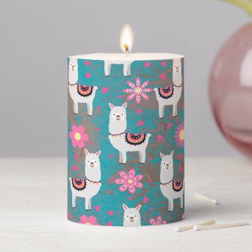 Llama (Alpaca) Floral and Turquoise Grunge Pillar Candle | Zazzle