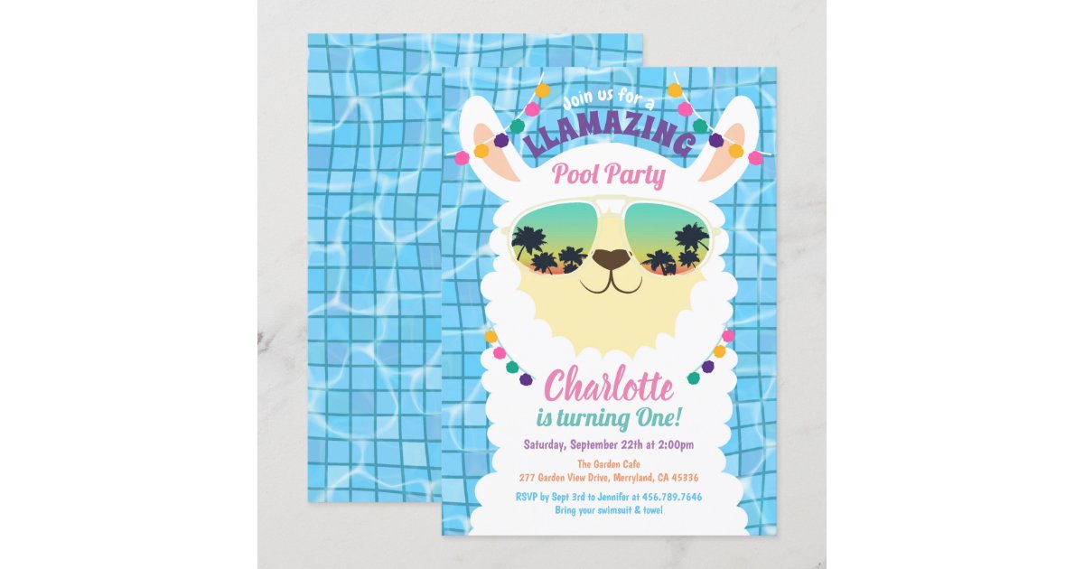 Llama Alpaca Pool Party Kids Birthday Invitation | Zazzle