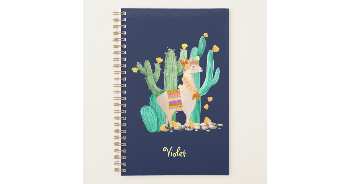 Llama and Cactus Watercolor Blue Personalized Planner | Zazzle