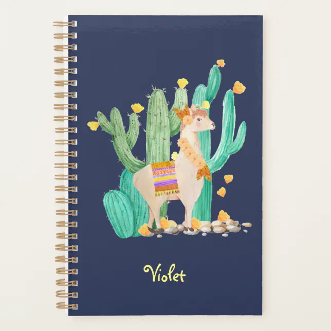 Llama and Cactus Watercolor Blue Personalized Planner | Zazzle