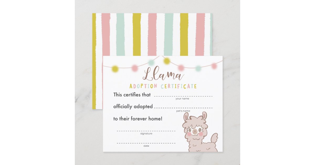 Llama Birthday Party Adoption Certificate | Zazzle