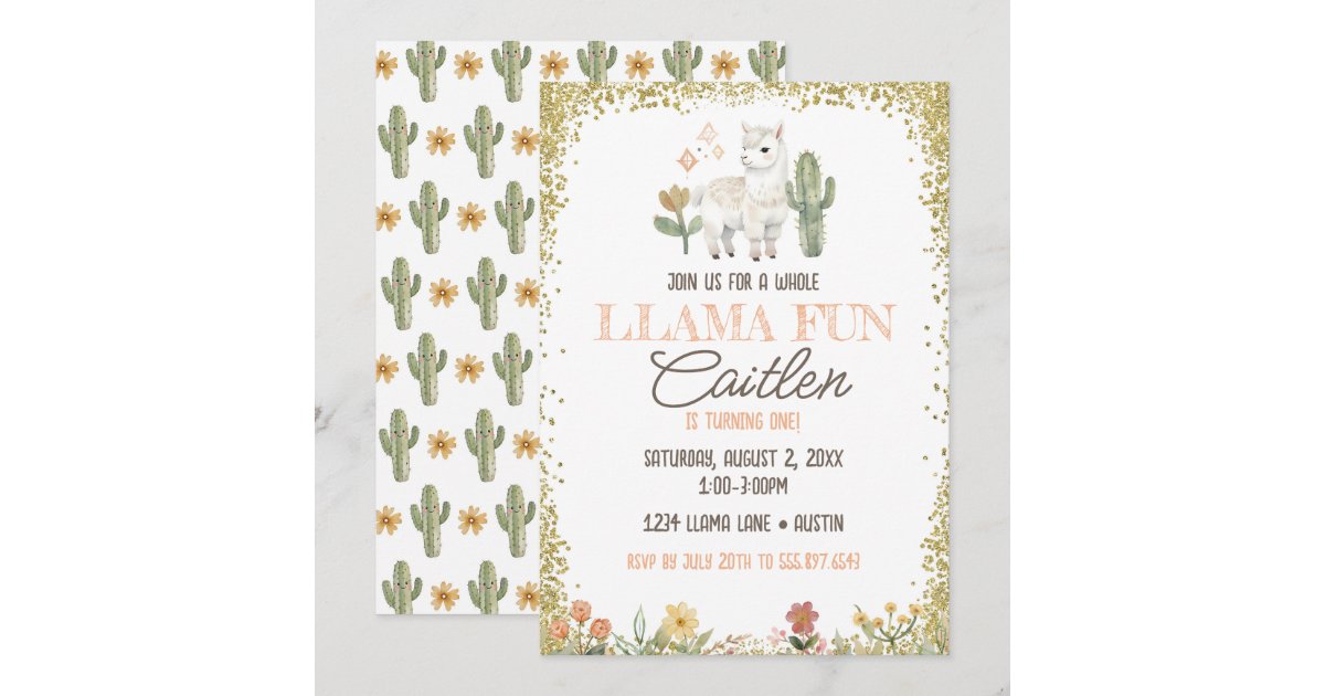 Llama Cactus Birthday Gold Glitter Invitation | Zazzle