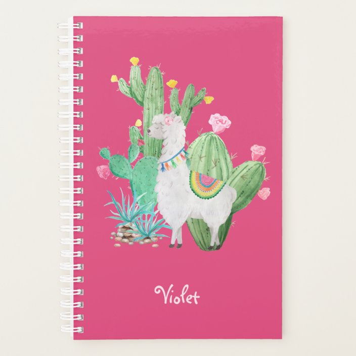 Llama Cactus Watercolor Scene Hot Pink Planner | Zazzle.com