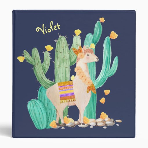 Llama & Cactus Watercolor Scene on Blue - Custom 3 Ring Binder | Zazzle