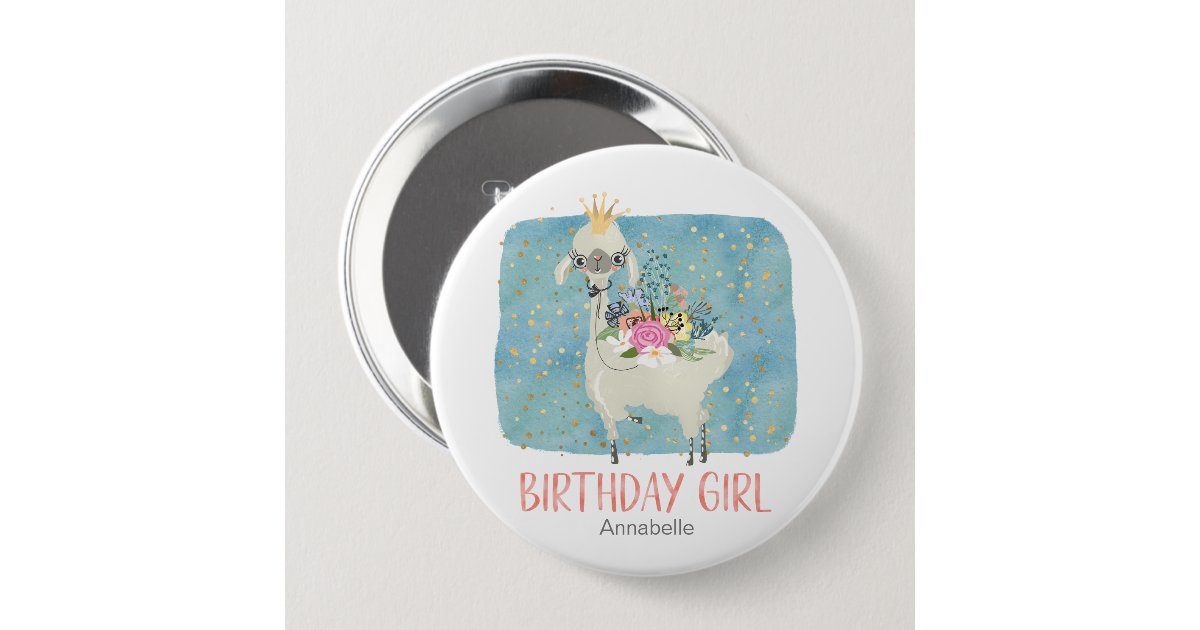 Llama Love Watercolor Cute Birthday Girl Party Button | Zazzle