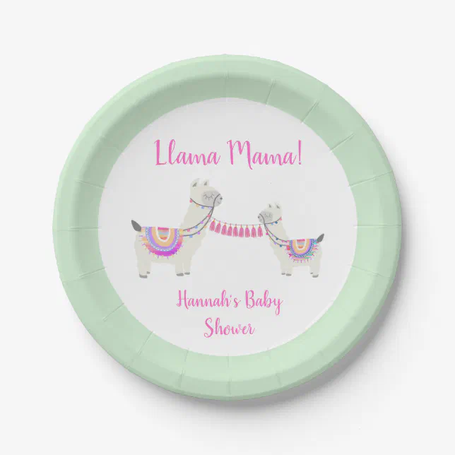 Llama Mama Hot Pink Mint Green Cute Baby Shower Paper Plates | Zazzle