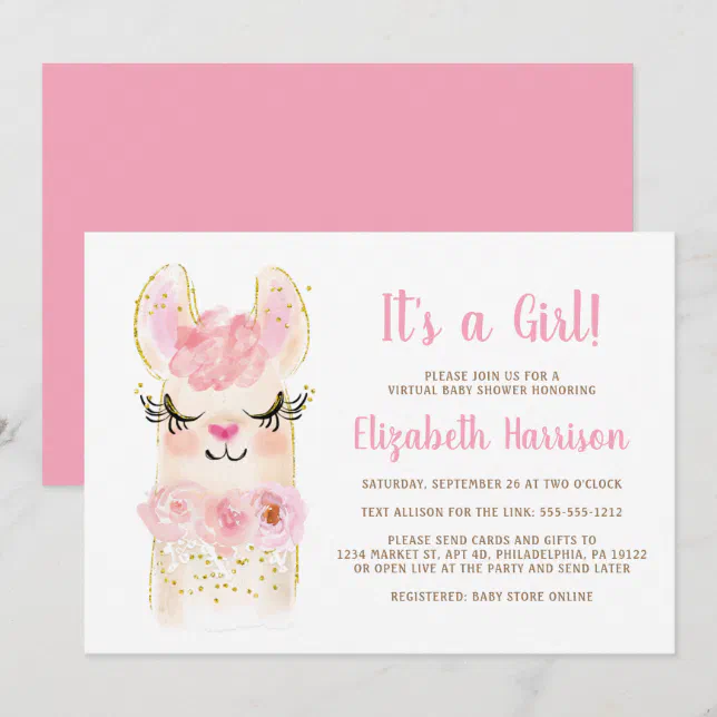 Llama Mama Pink Baby Girl Virtual Shower Invitatio Invitation | Zazzle