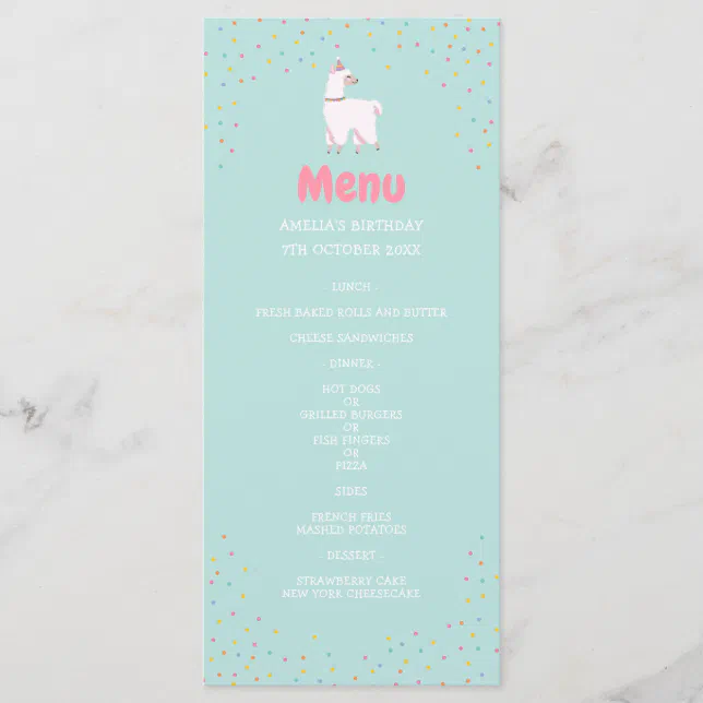 Llama themed party birthday menu | Zazzle