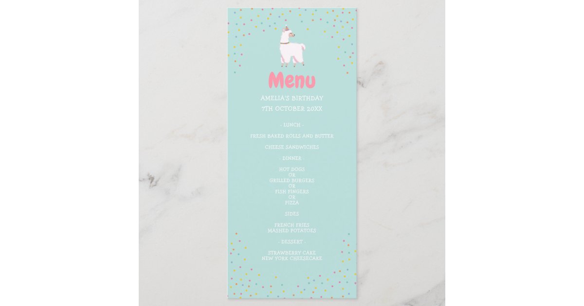 Llama themed party birthday menu | Zazzle