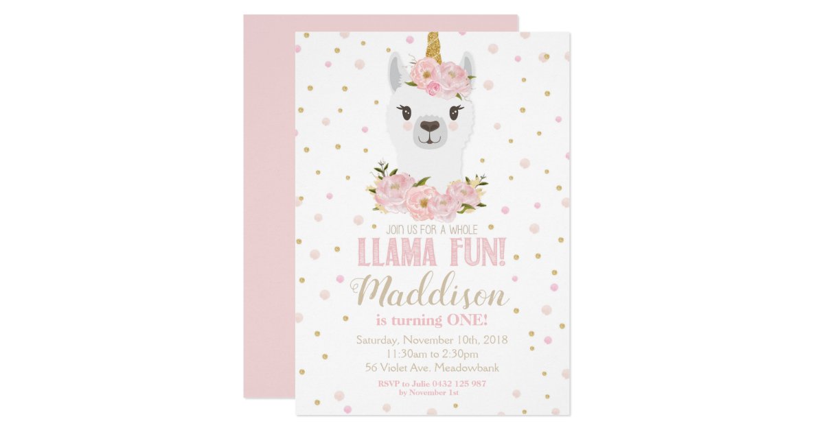 Llama Unicorn Birthday Invitation Blush Floral | Zazzle.com