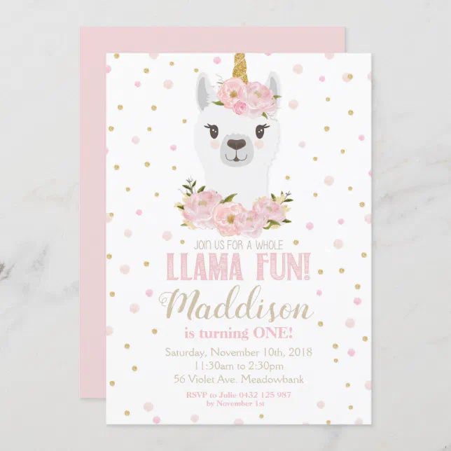 Llama Unicorn Birthday Invitation Blush Floral | Zazzle