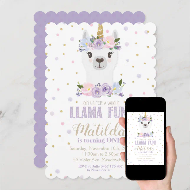 Llama Unicorn Birthday Invitation Purple Floral | Zazzle