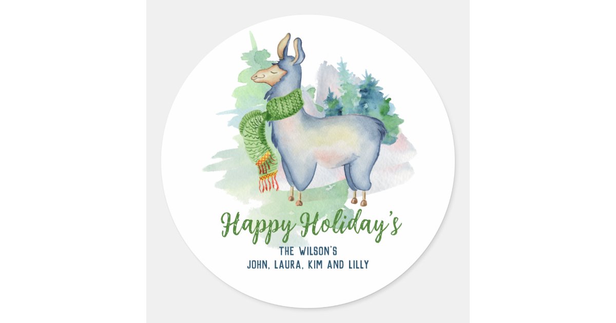 Llama Wreath Watercolor Happy Holidays Custom Classic Round Sticker ...