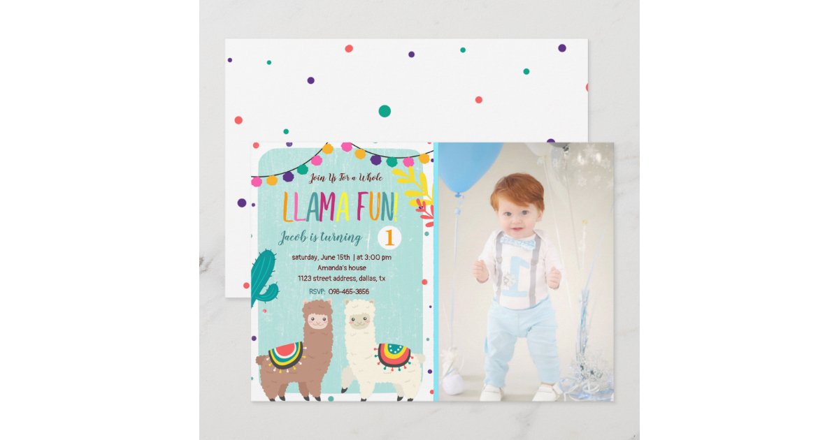 Llamas Blue Birthday Invitation with Photo | Zazzle