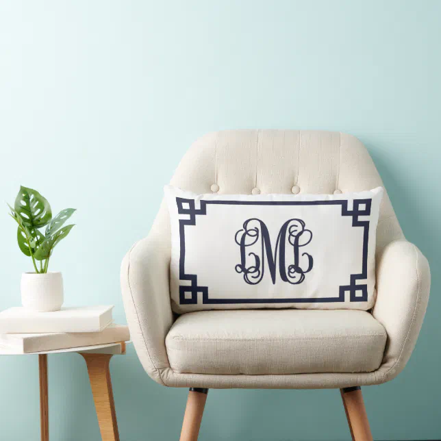 LML Navy and White Greek Key Script Monogram Lumbar Pillow | Zazzle