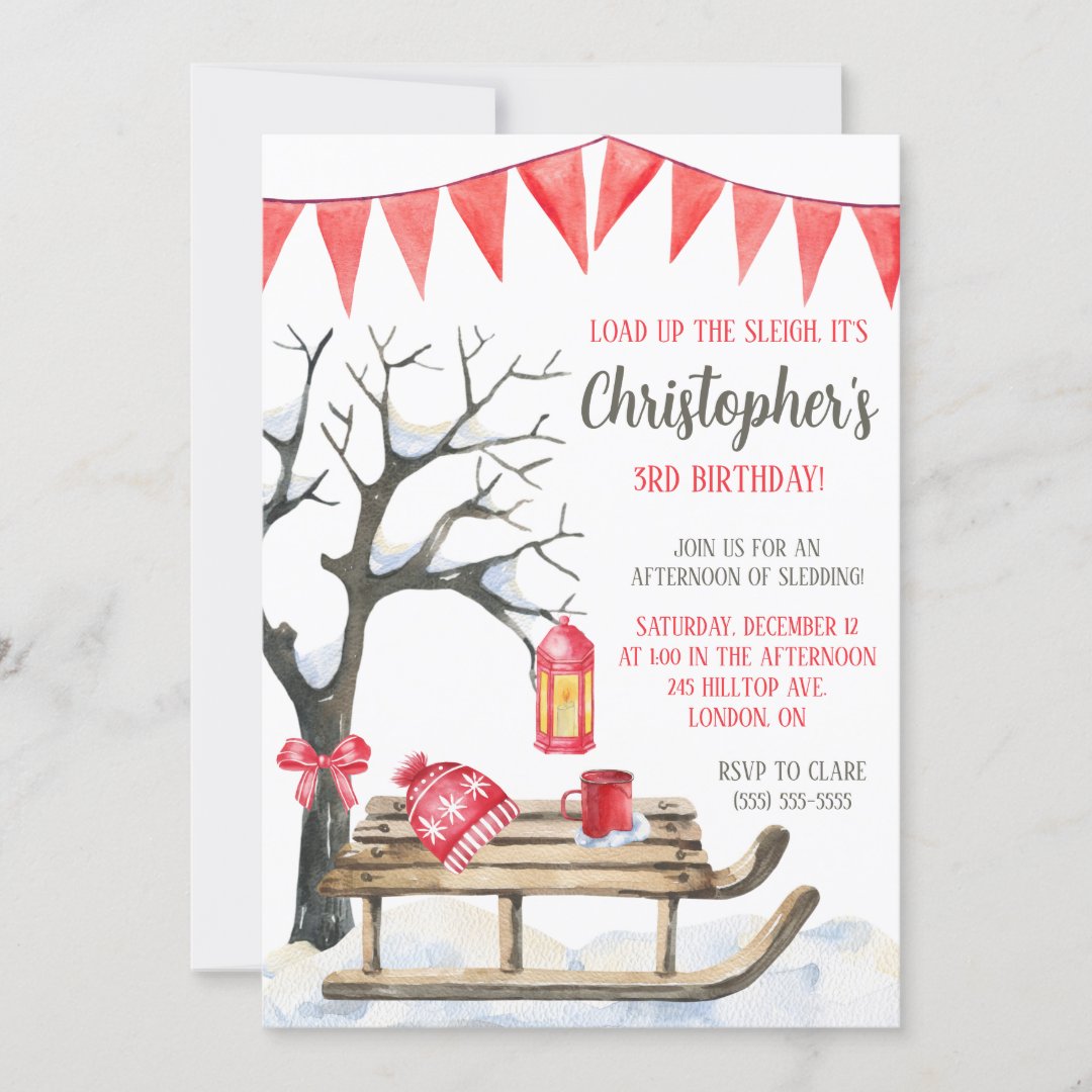 Load up the Sleigh! Sledding Theme Birthday Party Invitation | Zazzle