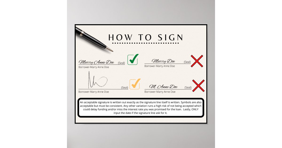 Loan Signing Agent: How to sign, Signature Example Poster | Zazzle