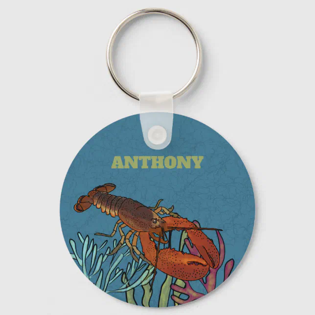 Lobster in the Blue Sea Personalized Keychain | Zazzle