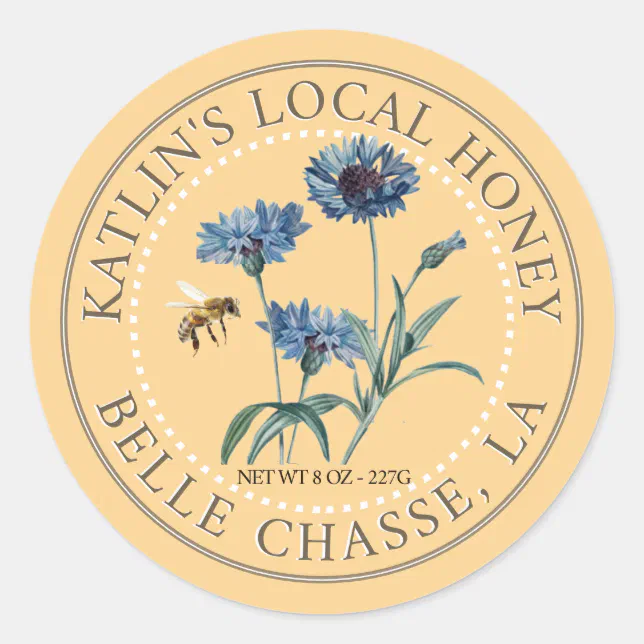 Local Honey Label with Blue Aster and Honeybee | Zazzle
