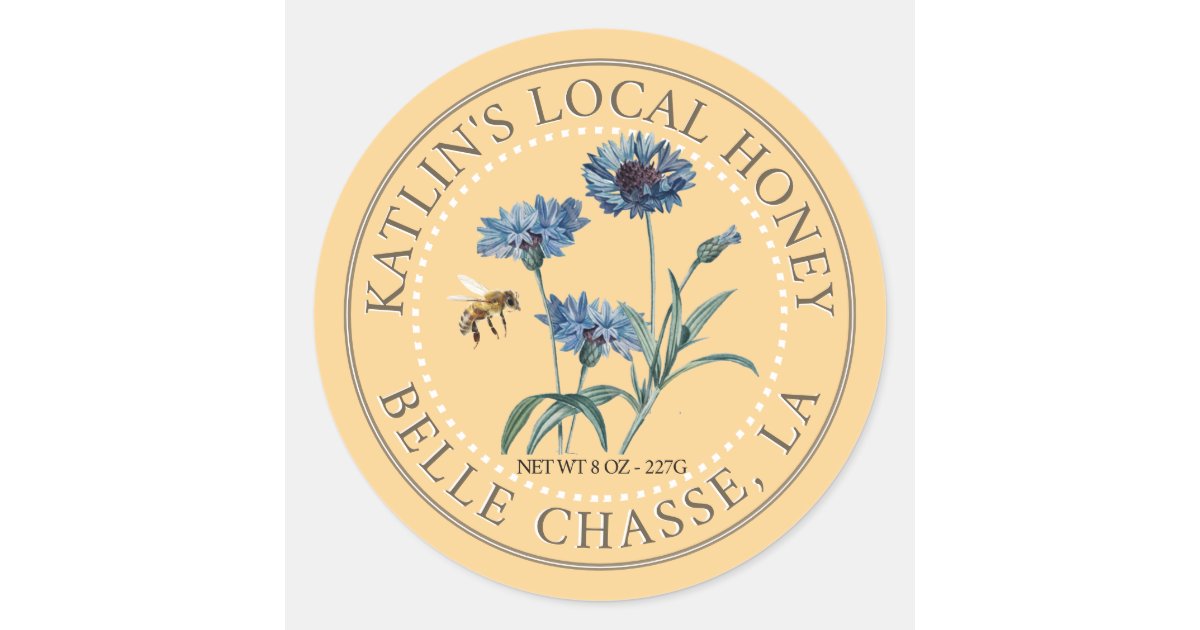 Local Honey Label with Blue Aster and Honeybee | Zazzle