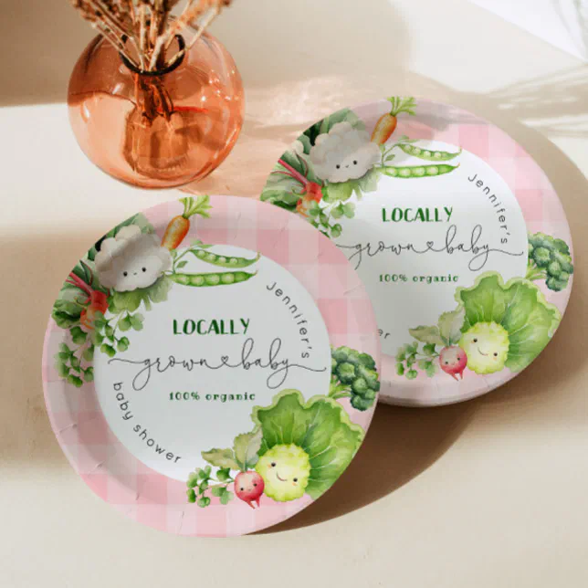 Locally grown pink baby Farmers market baby shower Paper Plates | Zazzle