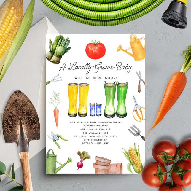 Locally Grown Vegetable Garden Boy Baby Shower Invitation | Zazzle