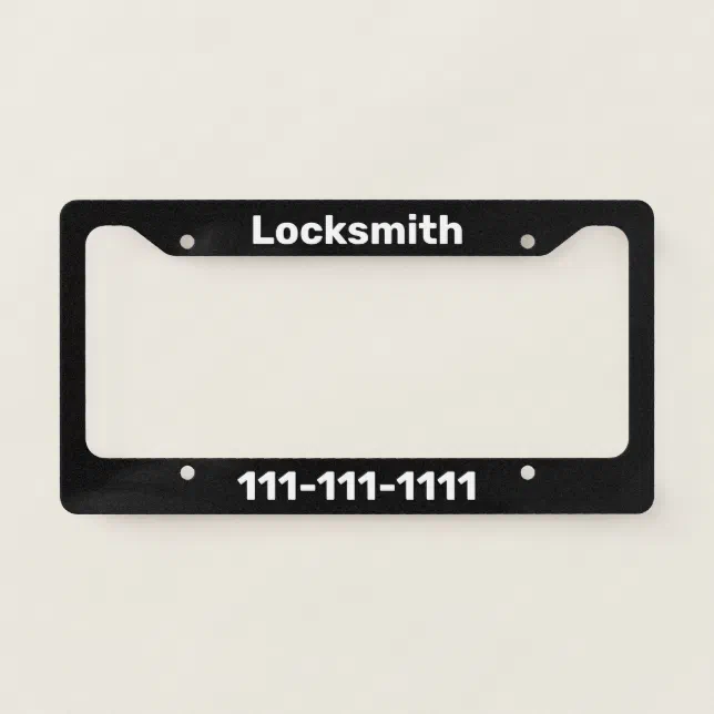 Locksmth with Phone Number on Black License Plate Frame | Zazzle