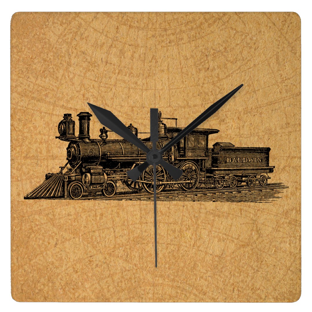Locomotive Train Vintage Steam Engine & Map Style Square Wall Clock ...