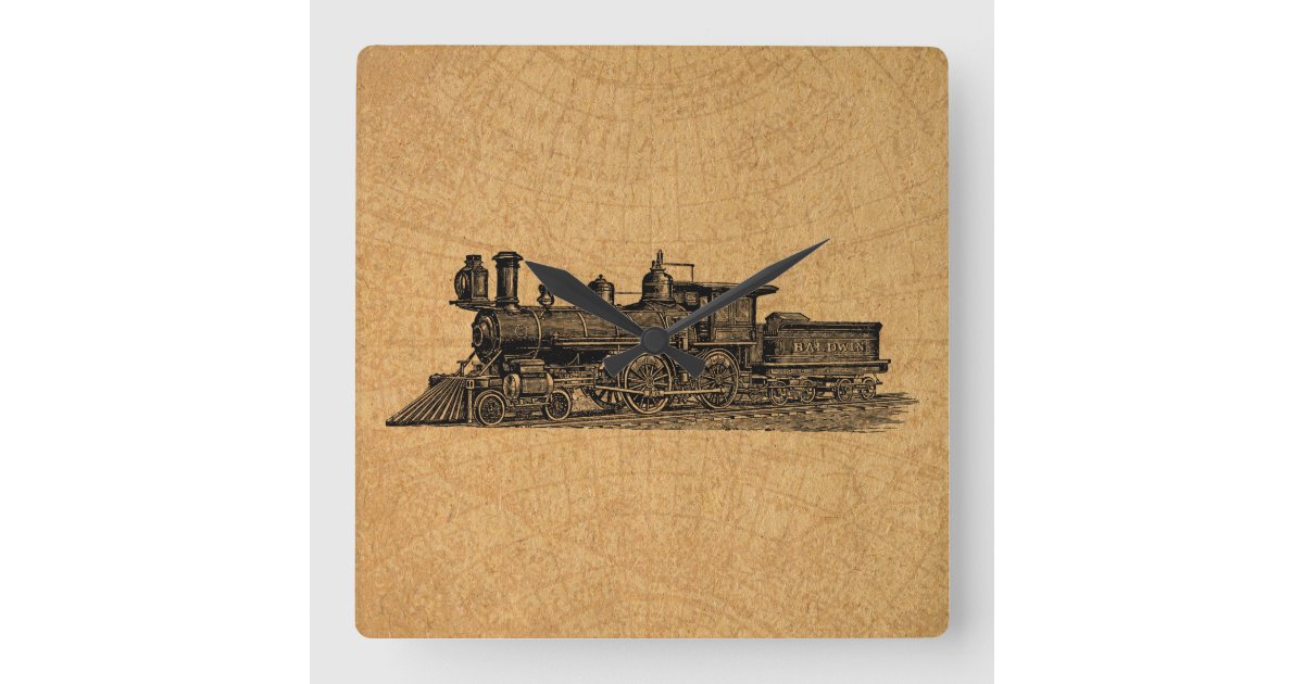 Locomotive Train Vintage Steam Engine & Map Style Square Wall Clock ...