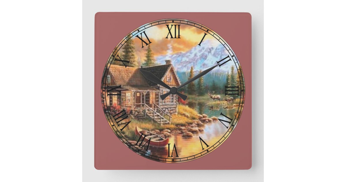 Log Cabin Fine Art Roman Numeral Square Wall Clock | Zazzle