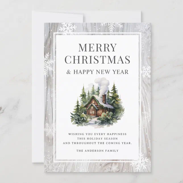 Log Cabin Merry Christmas Snowflakes Rustic Wood Holiday Card | Zazzle
